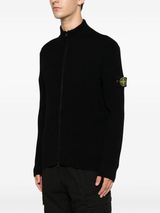 Stone Island Mens Cardigan Ribbed Zip Black Virgin Wool Cardigans Sweater