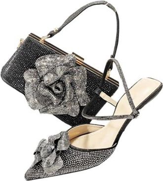 Generic 2025 Nigerian Ensemble de chaussures à talons et sac pour femme italienne à talon fin avec strass pour fêtes et mariages, Noir, 42.5 EU