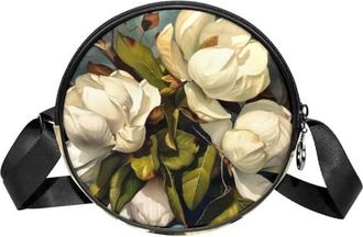 Generic Petit sac &agrave; bandouli&egrave;re circulaire pour femme, motif feuilles florales, sac &agrave; dos avec fermeture &eacute;clair, bretelles r&eacute;glables, sac &agrave; main rond d&eacute;contra