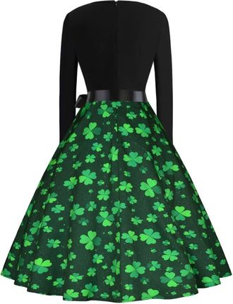 Amosfun Vintage St Patricks Day Dress Damen Langarm Klee Kleeblatt Druckkleid Schaukel Cocktailkleider XXL