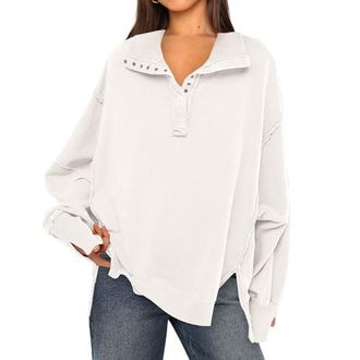 Generic Sweat-shirt surdimensionn&eacute; pour femme | Bouton-haut et bas fendu, pull &agrave; manches longues, v&ecirc;tements tendance - pour le sport, blanc, XL