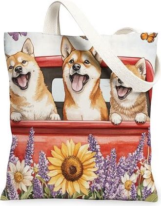 Generic Sac fourre-tout r&eacute;utilisable en toile pour faire du shopping, 33 x 38,1 cm, motif chien pointeur &agrave; poil court, camion, jardin, marguerite, chiot pitto
