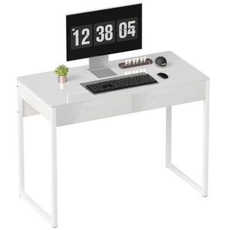 HOMCOM Bureau avec 2 tiroirs, Table dordinateur 100 x 50 cm, Bureau Moderne Pied en Acier, Poste de Travail pour Chambre, Petits espaces, Blanc Brillant