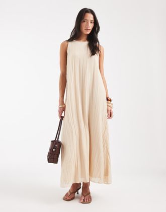 Object Robe longue sans manches en tissu pliss&eacute; effet froiss&eacute; - Cr&egrave;me-Blanc