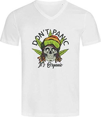 Generic Dont Panic Its Organic Rasta Skull T-Shirt Graphique en Coton &agrave; col en V pour Homme Large