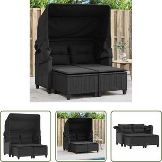 vidaXL vidaXL Sonnendach - Gartensofa 2-Sitzer mit Dach und Hockern Schwarz Poly Rattan