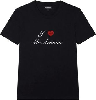 Emporio Armani Femme, Tops, Noir, Taille: 42 FR T-shirt &agrave; col rond avec imprim&eacute; d&eacute;coratif en strass