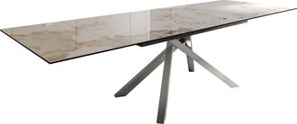 DELIFE Esszimmertisch Edge Keramik Minas Melange Wei&szlig;-Beige 200-300x100 Kreuzgestell Rechteck Edelstahl ausziehbar