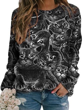 Onsoyours Damen Pullover Katze Bedrucktes Rundhals Jumpers Sweatshirt Vintage Langarmshirt Oversized Langarm Oberteile Mode Freizeit Sweater Pulli L&auml;ssige Retro
