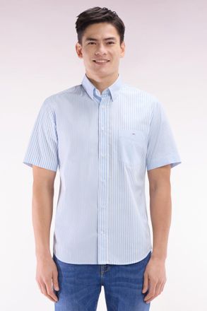 Eden Park Chemise À Manches Courtes En Popeline De Coton Rayée Ciel Coupe Droite
