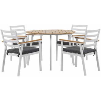 Beliani Gartenm&ouml;bel Set Tisch mit 4 St&uuml;hlen Wei&szlig; Alumunium Graues Sitzkissen Outdoor Indoor Garten Salon Wohnzimmer Tarrasse