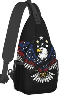 Generic Mode Sacoche Tactique Drapeau am&eacute;ricain et Eagle &agrave; t&ecirc;te blanche patriotique noir Sacs Poitrine R&eacute;glable Crossbody Bag pour Voyage Cyclisme Camping