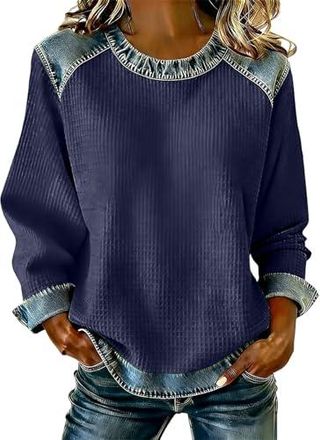 Generic Sweat-shirt &agrave; manches longues et col en jean pour femme - Haut d&eacute;contract&eacute; l&eacute;ger &agrave; manches longues - Pull tunique, bleu marine, 5XL