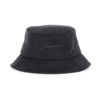 Jacquemus Homme, Accessoires, Gris, Taille: 58 CM Chapeau Seau Gris avec Broderie Logo