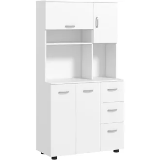 HOMCOM Homcom - Buffet de cuisine blanc 4 portes 3 tiroirs - Bois ding&eacute;nierie - Dimensions 89L x 39,5l x 168H cm - Rangement optimis&eacute; avec &eacute;tag&egrave;re