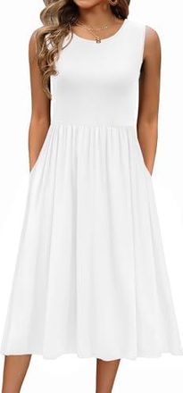 Zeagoo Robe dété/de plage, robe débardeur, avec poches, coupe trapèze, décontractée, élégante, sans manches, col rond, pour femme, tailles S à XXL, Blanc., M
