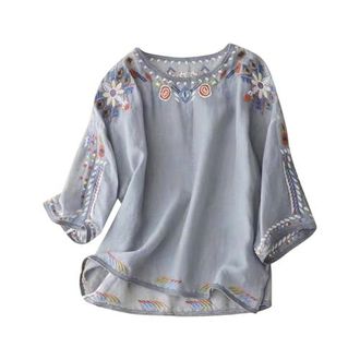 Generic Haut d&eacute;t&eacute; &agrave; manches 3/4 en lin pour femme - Col rond - Broderie florale - Style boh&egrave;me ethnique paysan - Chemisier tendance, gris, XXL