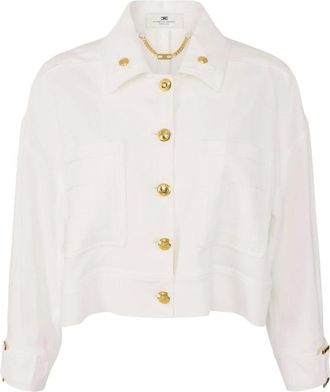 Elisabetta Franchi Femme, Vestes, Beige, Taille: 38 FR Caban en Gabardine avec Boutons Bijoux