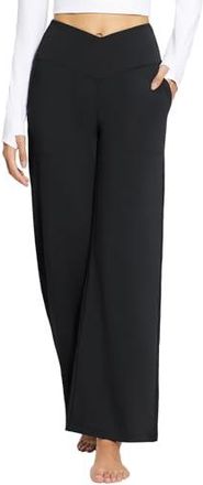 Baleaf Pantalon de yoga pour femme - Jambe large avec poches - Pantalon de survêtement croisé taille haute, Noir, XL