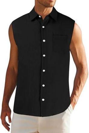 Generic Chemise dentra&icirc;nement en coton et lin pour homme - Style d&eacute;contract&eacute; et tendance - Couleur unie - Sans manches - En coton et lin - Col simple boutonna