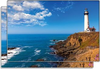 Wallario 2er Set Fr&uuml;hst&uuml;cksbrettchen aus Glas, Glasunterlage, Glasbrettchen Leuchtturm auf einem Felsvorsprung - Blauer Himmel, Gr&ouml;&szlig;e 30 x 20 cm, Sicherheitsgl
