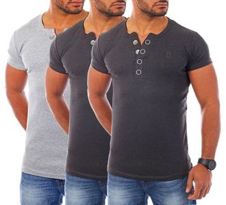 Young & Rich T-Shirt Herren basic fein gerippt mit trendigen extra gro&szlig;en Kn&ouml;pfen 1872 mit Knopfleiste unifarben kurzarm slim fit