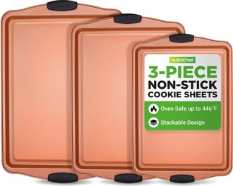 Nutrichef NutriChef Backblech Set 3-teilig - Antihaft Ofenbleche klein mittel groß Kupferfarben - Spülmaschinengeeignet, stapelbar, rutschfeste Silikongriffe, K