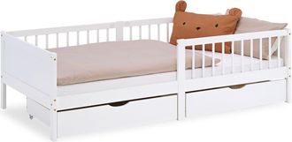 Homestyle4u Kinderbett 90x200 mit Rausfallschutz Schubladen Lattenrost Gr&uuml;n Bett Kinder Bodenbett Holzbett Kiefer Holz ausziehbar