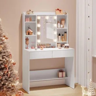 Vasagle Vasagle - Coiffeuse avec 9 Lumi&egrave;res led, 3 Tonalit&eacute;s et Luminosit&eacute; R&eacute;glable, Table de Maquillage Moderne avec Miroir, &Eacute;tag&egrave;res R&eacute;glables, 2 Tiroirs