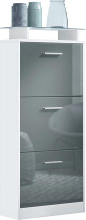 Vladon Schuhschrank Lavia V2, Schuhkipper für 12 Paar Schuhe mit 3 Klappen und Glasablage, Weiß matt/Grau Hochglanz (46 x 128 x 23 cm)