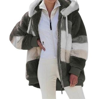 Generic Manteau rembourr&eacute; en laine dagneau contrast&eacute;e avec poche zipp&eacute;e, veste sherpa &agrave; manches longues en fausse polaire pour femme, vert fonc&eacute;, 4XL