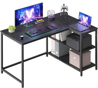 Vasagle Eckschreibtisch in L-Form, Computertisch mit Stauraum, B&uuml;rotisch, h&ouml;henverstellbare Ablage, f&uuml;r Homeoffice, 110 x 80 cm, ebenholzschwarz LWD135BE01