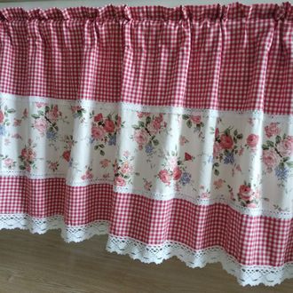 A.Monamour Gardine Scheibengardinen Kurzstores Bauernhaus Baumwolle Vintage Floral Rot Wei&szlig; Kariert Kurzvorhang Kurzgardinen K&uuml;chengardine Volants K&uuml;che Fenster 
