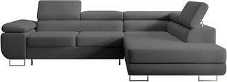 Selsey STEVIL - Ecksofa L-Sofa mit Schlaffunktion, Bettkasten, Ottomane rechts, Veloursbezug Dunkelgrau