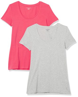 Amazon Essentials Damen Kurzärmliges T-Shirt mit U-Ausschnitt in klassischer Passform (Erhältlich in Übergröße), 2er-Pack, Hellgrau Meliert/Intensive Rosa, XL