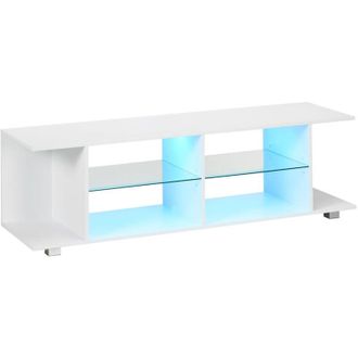 HOMCOM Homcom - Meuble banc tv sur pieds avec lumi&egrave;res led - 2 &eacute;tag&egrave;res en verre tremp&eacute; pour t&eacute;l&eacute;vision jusqu&agrave; 60 pouces style contemporain - 145 x 40 x 45
