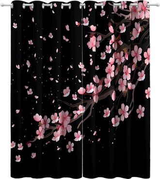 Generic Schwarz Rosa Verdunkelungsvorhang Gardinen mit &Ouml;sen f&uuml;r Wohnzimmer Blackout Curtains mit Japanischer Stil Romantik Blumen Kirschbl&uuml;ten Bedruckt, Therm