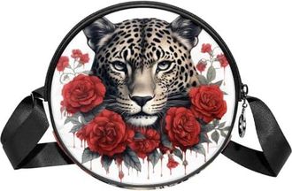 Generic Petit sac &agrave; bandouli&egrave;re rond pour femme, motif l&eacute;opard et roses, avec fermeture &eacute;clair, bretelles r&eacute;glables, style d&eacute;contract&eacute;, pour femmes et filles