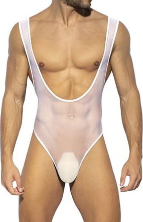 Generic Combinaison exotique pour homme - En maille transparente - Sans manches - Col en V - Collants - Une pi&egrave;ce - String - V&ecirc;tement de nuit, Blanc., XXL