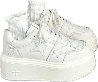 Generic ZBDP Chaussures en cuir blanc à fond épais pour femme Chaussures décontractées Skateboard Bout rond Talons confortables, beige, 39.5 EU