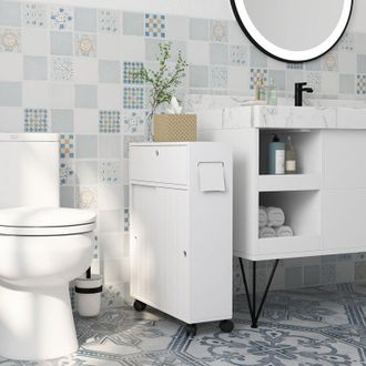 Kleankin Meuble de rangement salle de bain, meuble wc pour papier toilette avec portes coulissantes, plusieurs compartiments, sur roulettes, meuble de