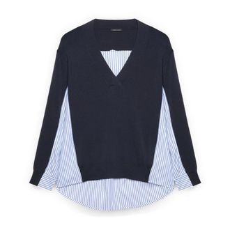 Fiorella Rubino V-Ausschnitt-Pullover mit Streifeneins&auml;tzen - - Blouses & Shirts - Damen - Blau - XL