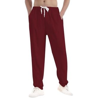 Generic Pantalon de plage l&eacute;ger en lin pour homme avec cordon de serrage - Jambe droite - Coupe ample - Taille &eacute;lastique - Pantalon d&eacute;contract&eacute; - Pantalon de 