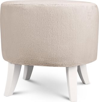 MG Design Ovaler Kunstfell-Hocker 42 x 52 cm in Beige mit Holzbeinen - Gepolsterter Fu&szlig;hocker f&uuml;r Wohnzimmer oder Schlafzimmer