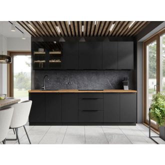 Furnix K&uuml;chenm&ouml;bel Set Linares 260 cm mit H&auml;ngeschr&auml;nken Mattschwarz/Artisan