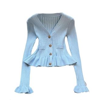 Generic Cardigan tricot&eacute; tendance pour femme Col en V Simple boutonnage Volant Manteaux en tricot, bleu, Taille Unique
