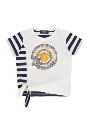 Versace Striped Cotton with Logo Print Polo Shirt - White