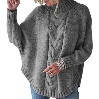 Generic Chandail surdimensionn&eacute; &agrave; col roul&eacute; et manches chauve-souris pour femme, coupe d&eacute;contract&eacute;e, pull en tricot torsad&eacute; &eacute;pais, pour usage quotidien, trava