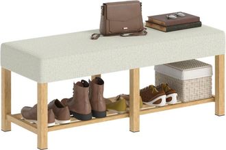 HOMCOM Banc &agrave; chaussures - HOMCOM - si&egrave;ge rembourr&eacute; 2 places - &eacute;tag&egrave;re ouverte - bois h&eacute;v&eacute;a - 120x44x48cm - naturel et beige