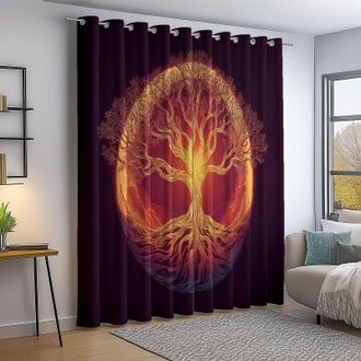 Generic H 245 x B 150 cm (2er Pack) &Ouml;senvorhang sehr breit f&uuml;r Terrassent&uuml;ren Fantasie Lebensbaum Kreis,Dunkle Kastanie Thermo Verdunkelung Blickdicht als Aku